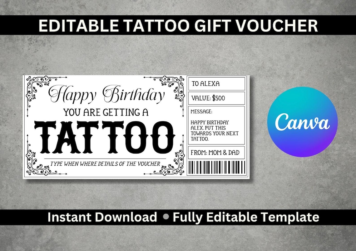 Personalised GIFT VOUCHER TATTOO, Customizable Printable & Editable ...