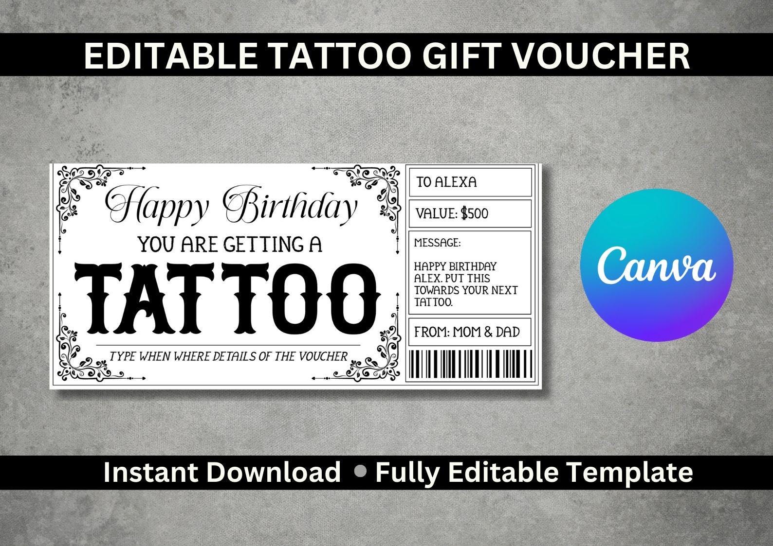 Personalised GIFT VOUCHER TATTOO, Customizable Printable & Editable ...