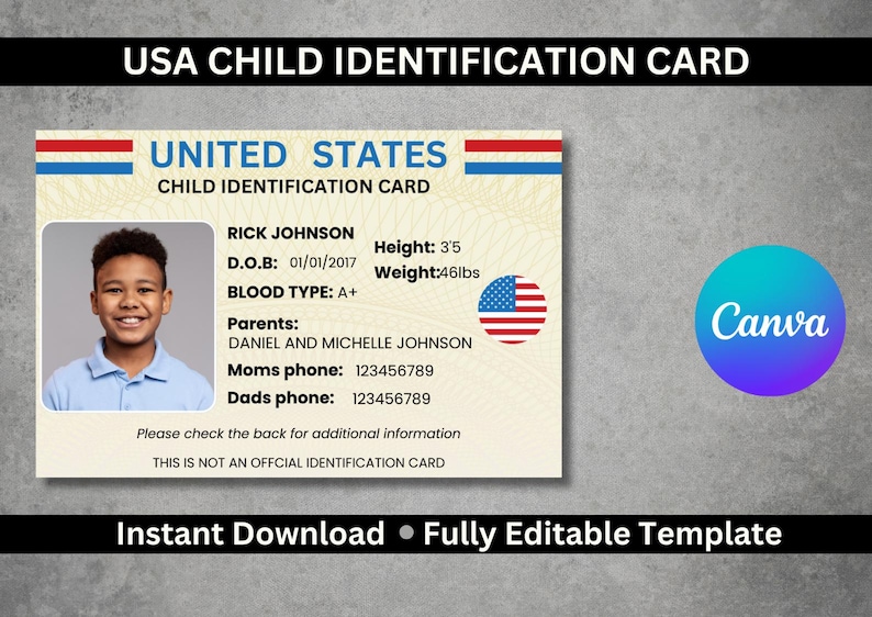 Child ID Card Template USA, Printable Kids Safety Card, Editable ...