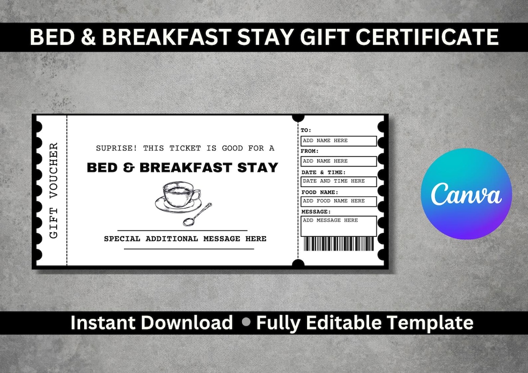 Bed and Breakfast Stay Gift Certificate Template | Customizable Digital ...