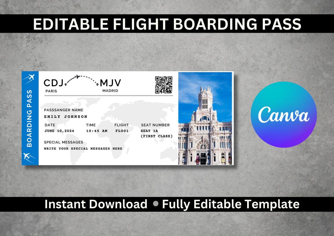 Print at Home Editable Boarding Pass Template | Editable on Canva ...