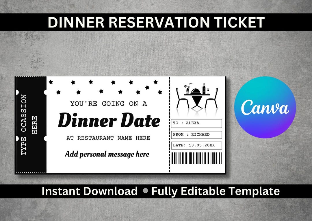 Editable Dinner Venue Reservation Ticket - Customizable 4x9 Dining ...
