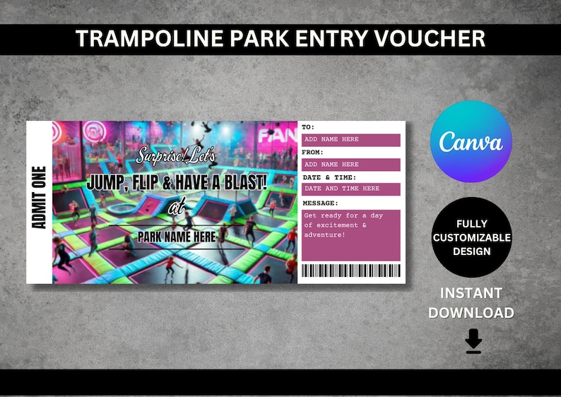 Trampoline Park Entry Voucher Template, Editable Digital Ticket for ...