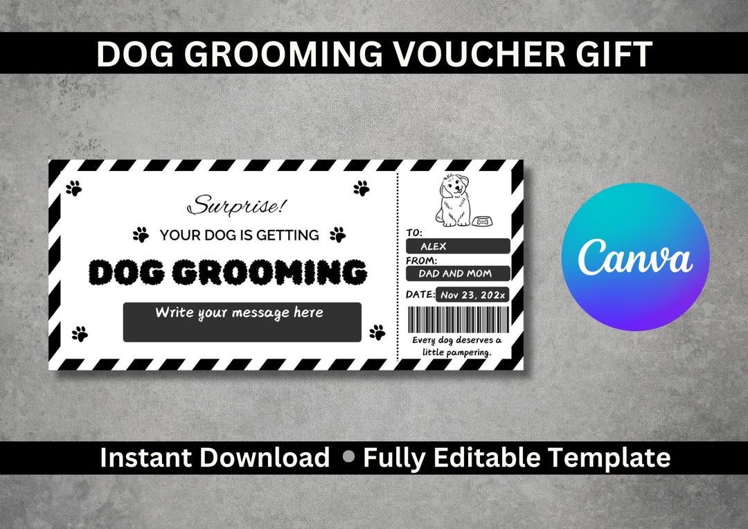 Dog Grooming Gift Voucher, Pampered Pooch Certificate, Pet Care Canva ...