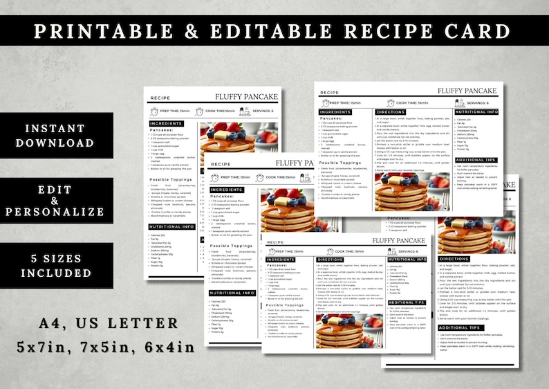 Simple Pancake Recipe Card Template ,pancake Recipee ,printable in 5 ...