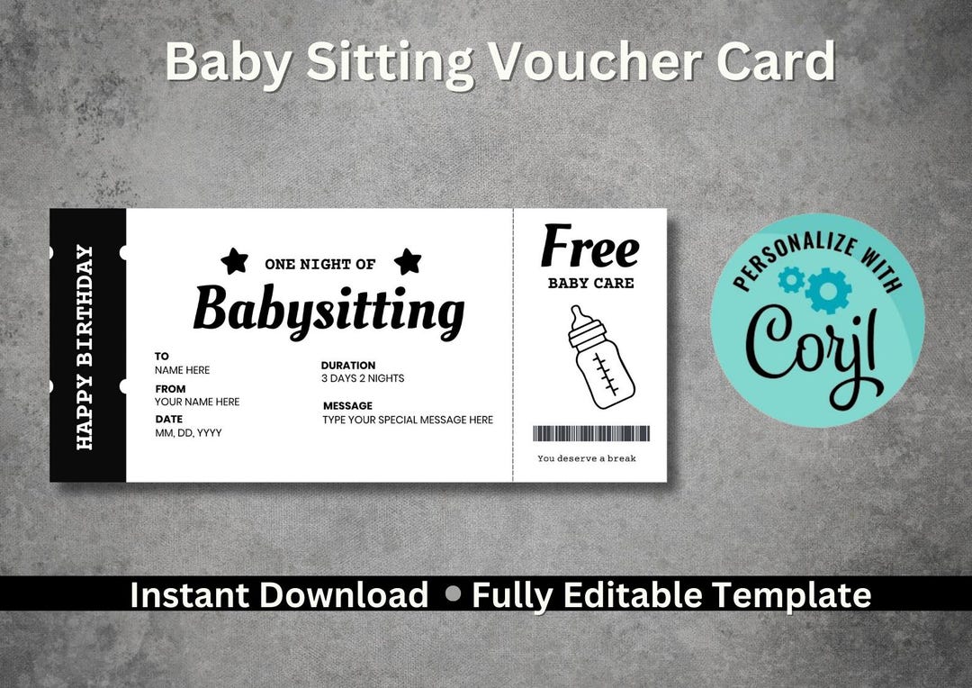 Editable Babysitting Voucher Card, Customizable 4x9 Childcare Gift ...