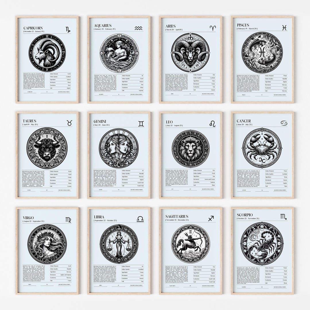 All 12 Zodiac Signs Poster Bundle Astrology Print Set Grimoire Natal ...