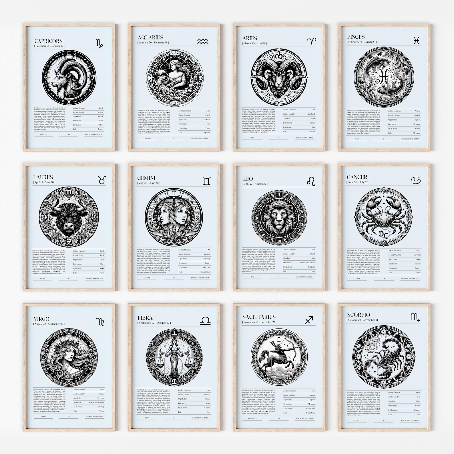All 12 Zodiac Signs Poster Bundle Astrology Print Set Grimoire Natal ...