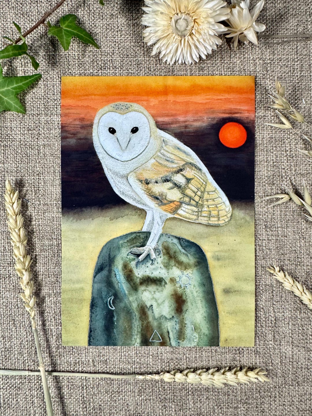 Barn Owl Embroidered Art Print | Dawn Rune Textile Artwork | Mystical ...