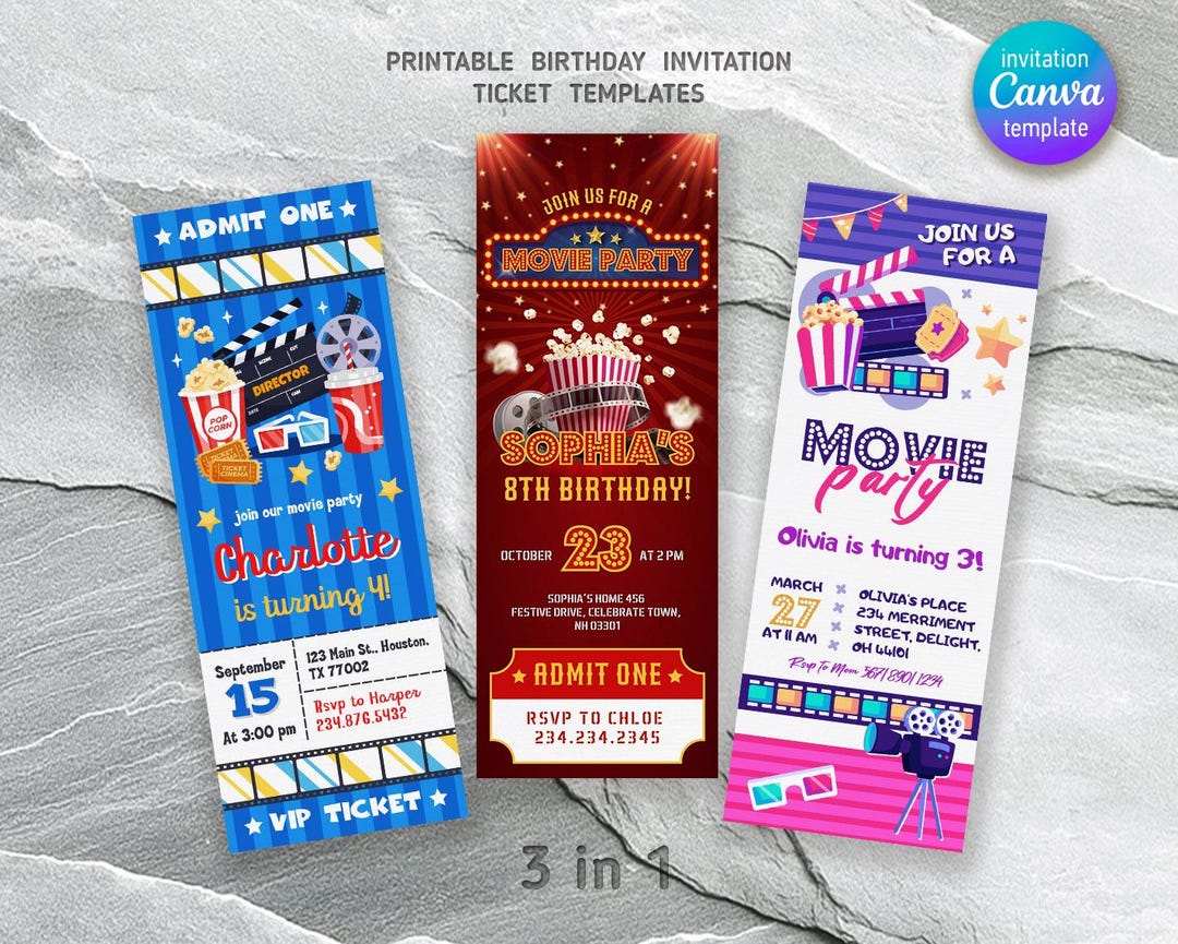 Editable Movie Party Birthday Invitation, Printable Cinema Ticket ...