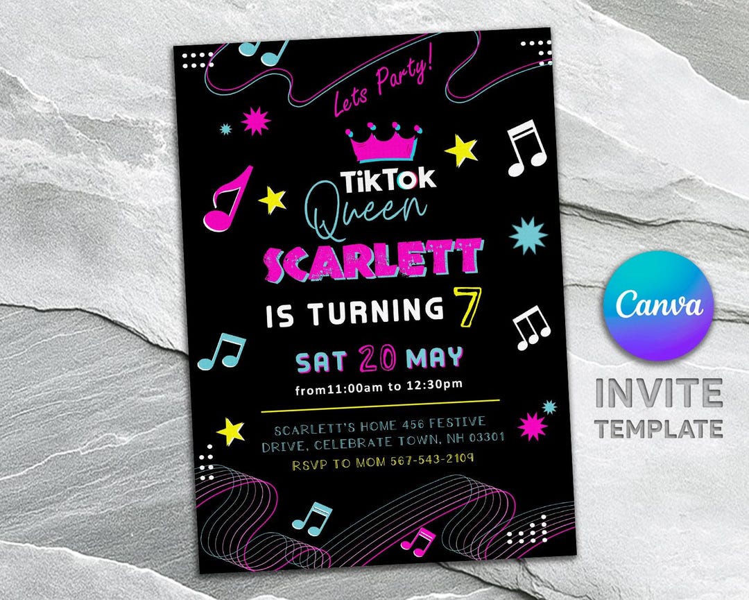 Tiktok Birthday Invitation, Tik Tok Invite, Printable Editable Tiktok Party Invite Template ...