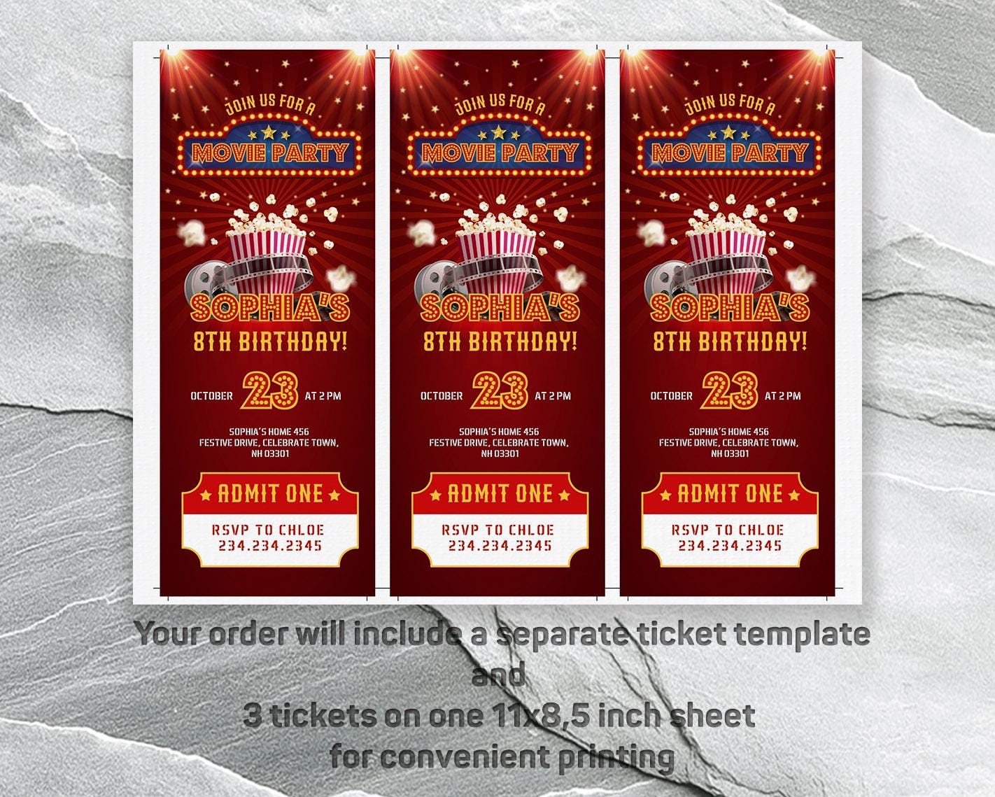Editable Movie Party Birthday Invitation, Printable Cinema Ticket ...
