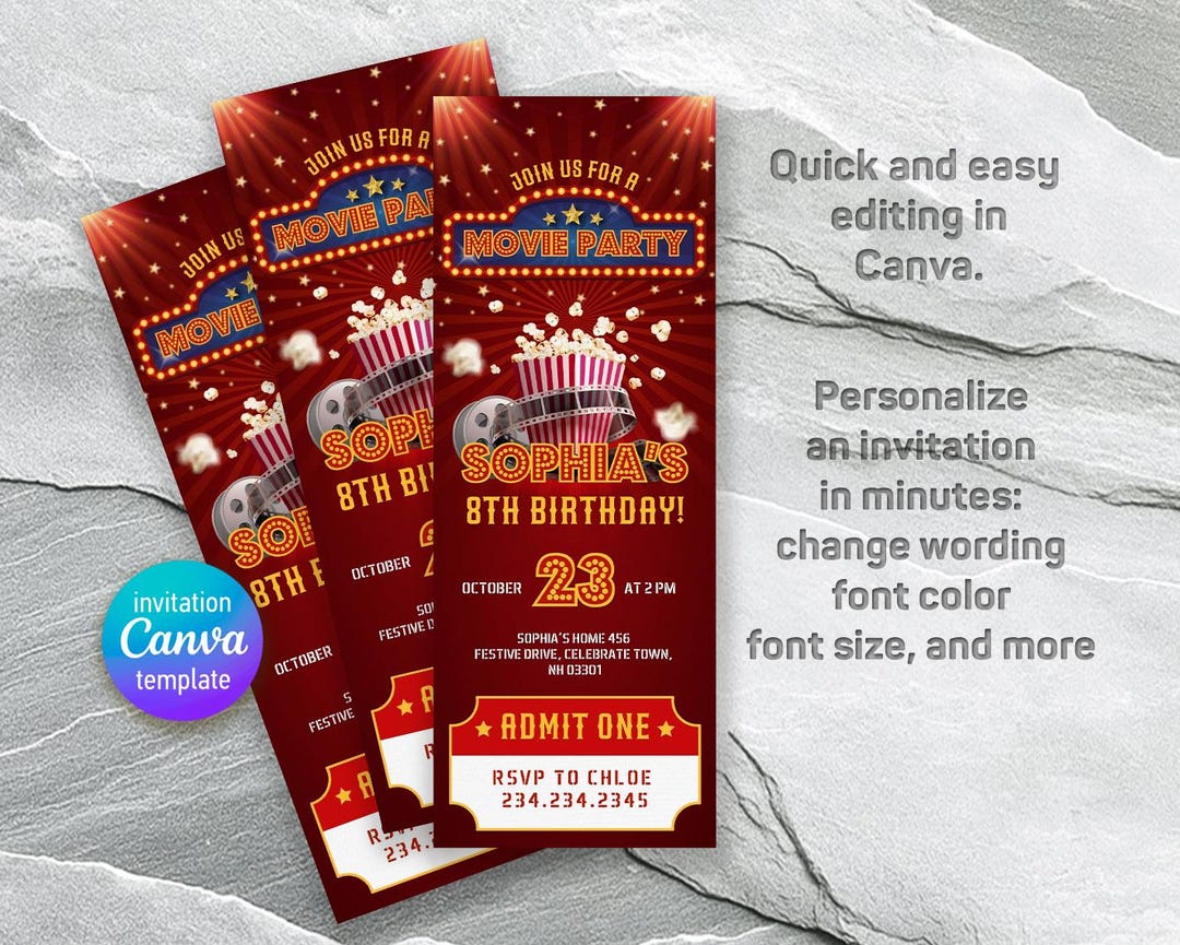 Editable Movie Party Birthday Invitation, Printable Cinema Ticket ...
