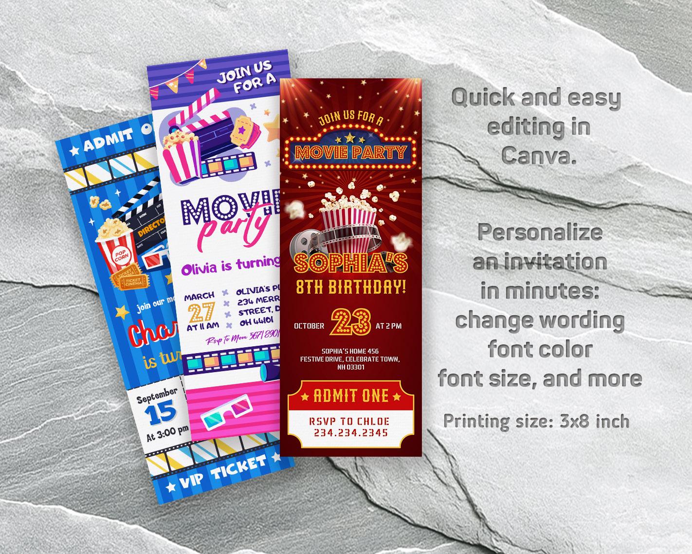 Editable Movie Party Birthday Invitation, Printable Cinema Ticket ...