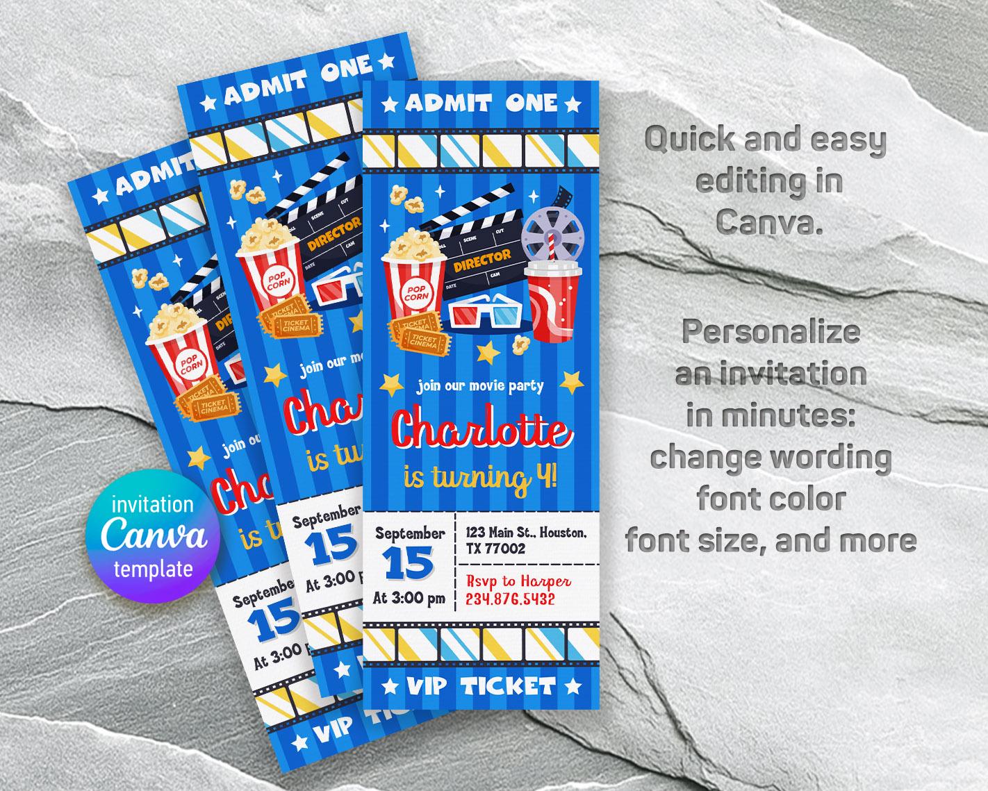 Editable Movie Party Birthday Invitation, Printable Cinema Ticket ...