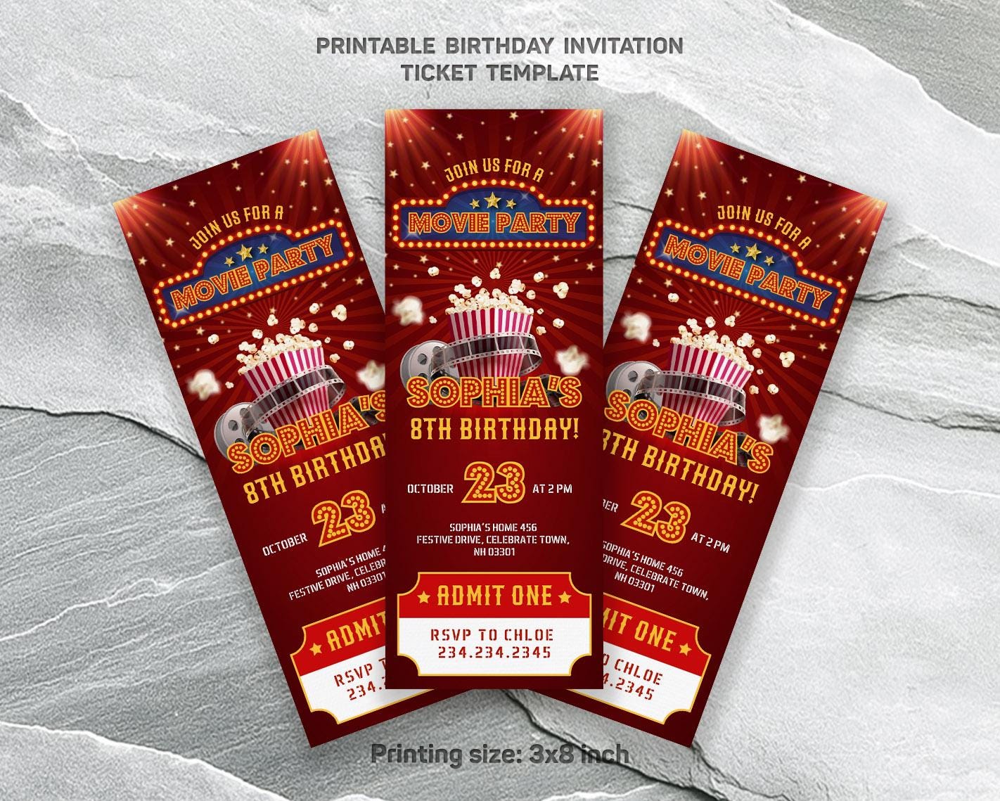Editable Movie Party Birthday Invitation, Printable Cinema Ticket ...