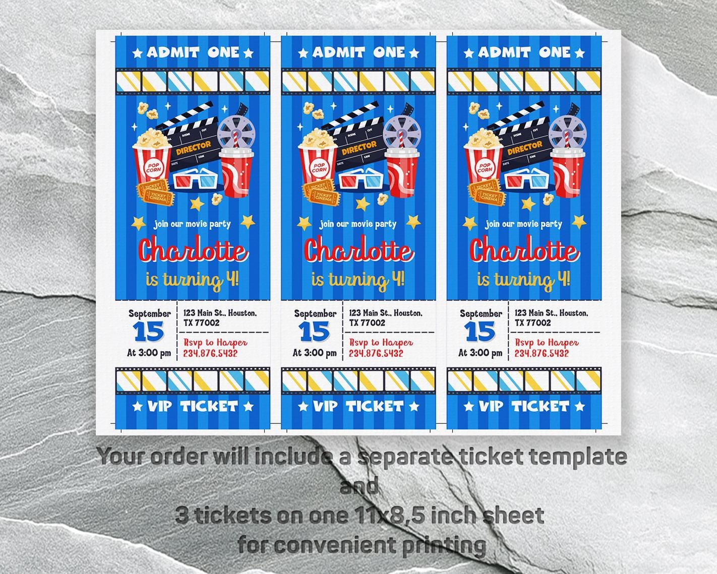 Editable Movie Party Birthday Invitation, Printable Cinema Ticket ...
