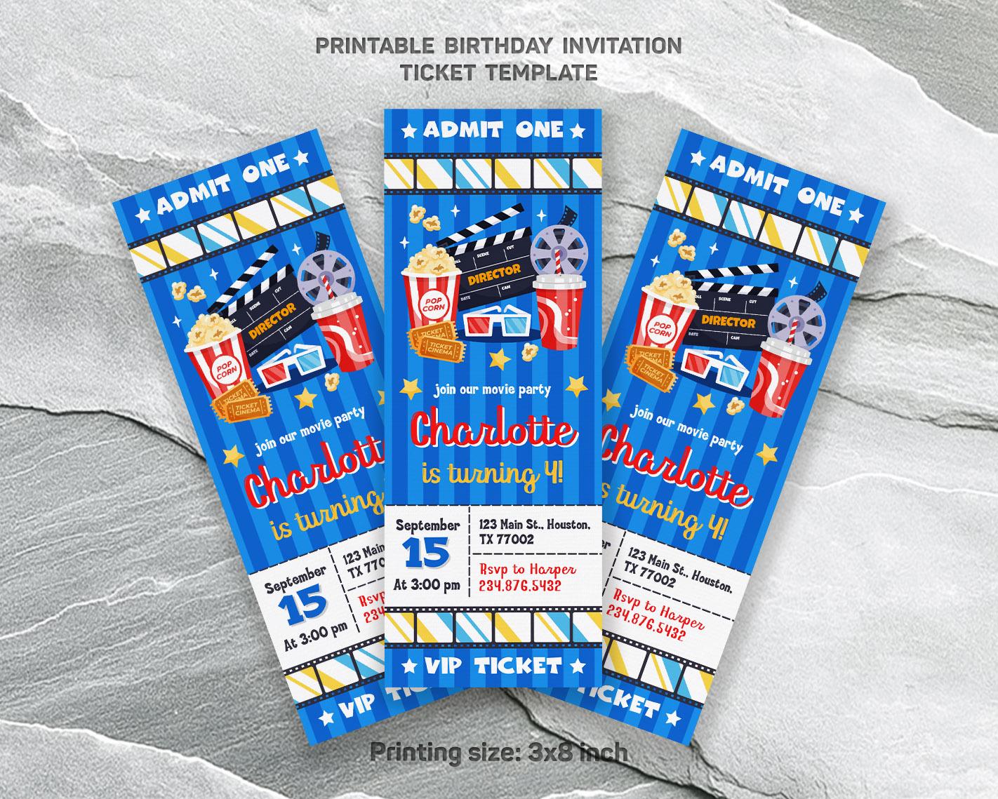 Editable Movie Party Birthday Invitation, Printable Cinema Ticket ...