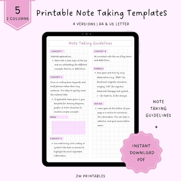 Two Column Notes Template - Etsy