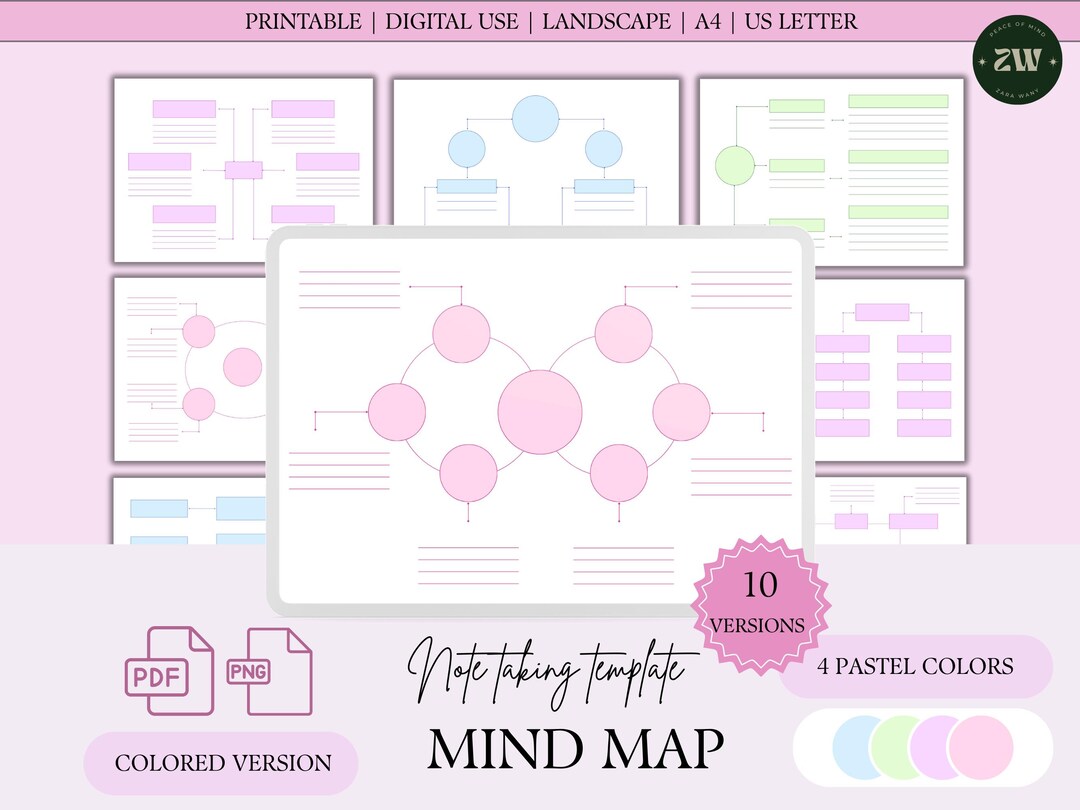 Mind Map Templates: 10 Colorful Layouts - A4 & US Letter (digital ...