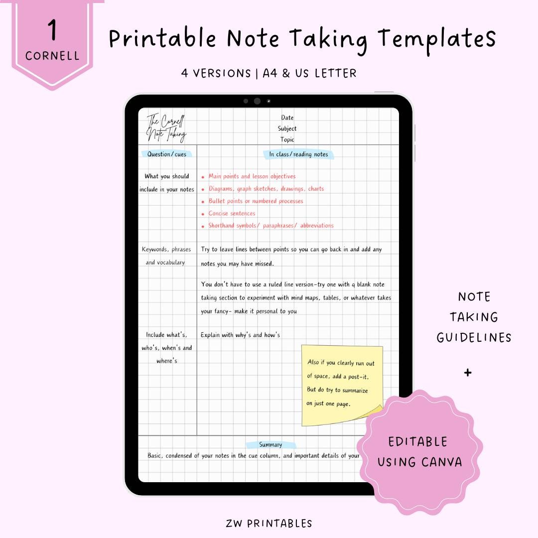 Cornell Note-taking Templates, Lecture Notes Templates, Digital Notes ...
