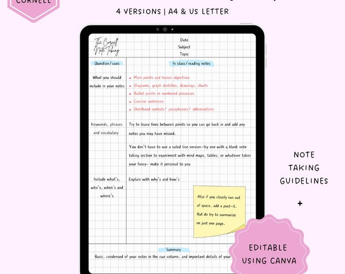 Cornell Note-taking Templates, Lecture Notes Templates, Digital Notes ...