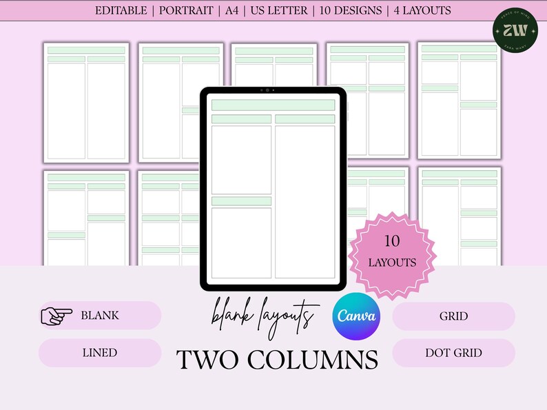 Two Column Note Taking Template | Canva Editable, 40 Pages (digital ...