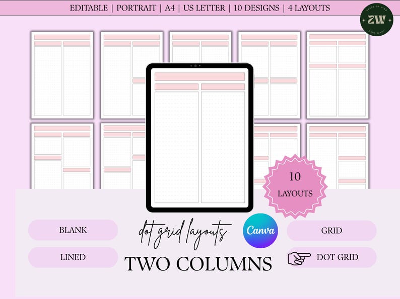 Two Column Note Taking Template | Canva Editable, 40 Pages (digital ...