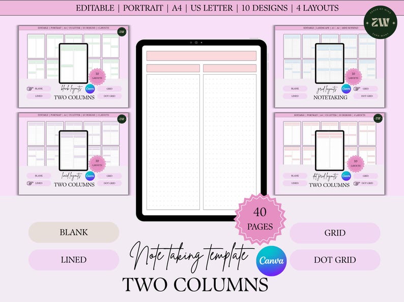 Two Column Note Taking Template | Canva Editable, 40 Pages (digital ...