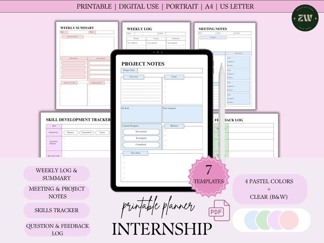 Internship Planner Templates: Weekly Log, Meeting Notes, Project ...