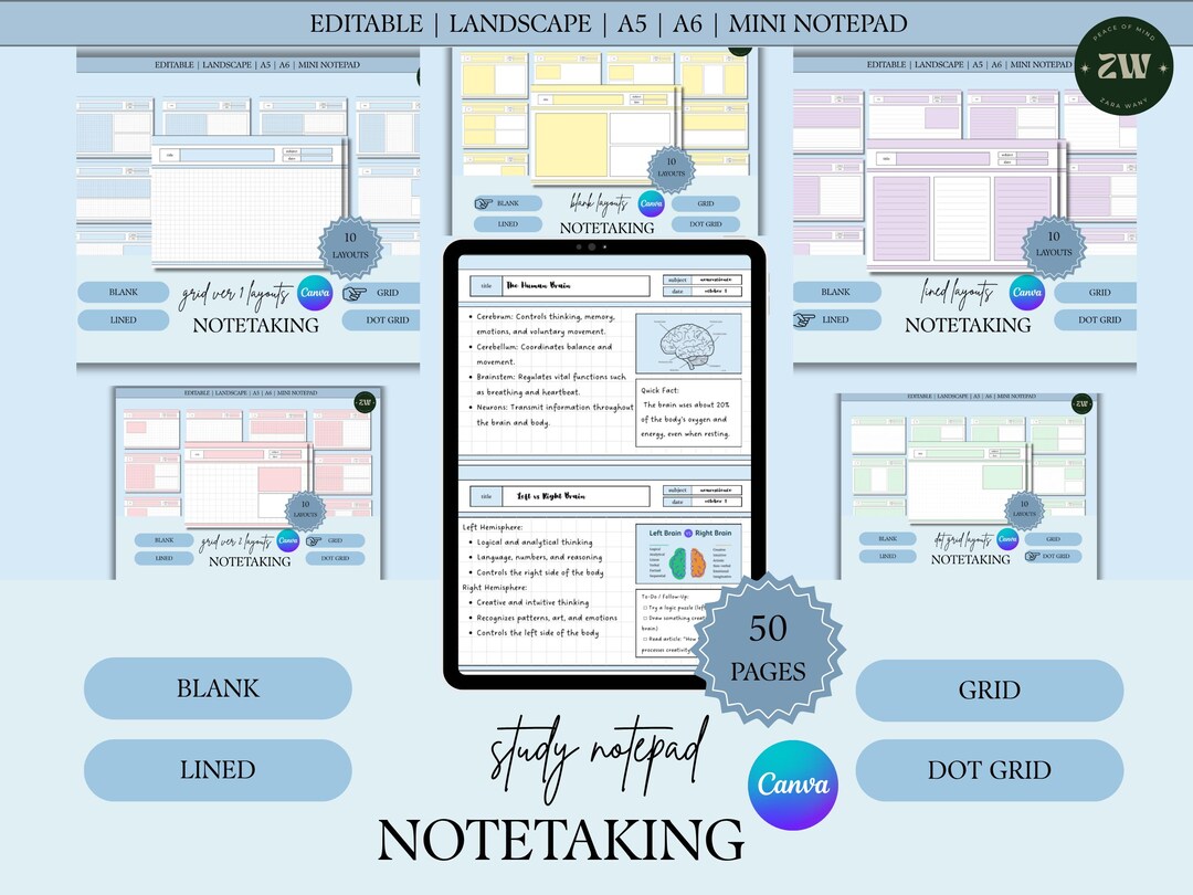 Editable Study Notepad: A5 A6 Landscape Layout (canva Template) - Etsy