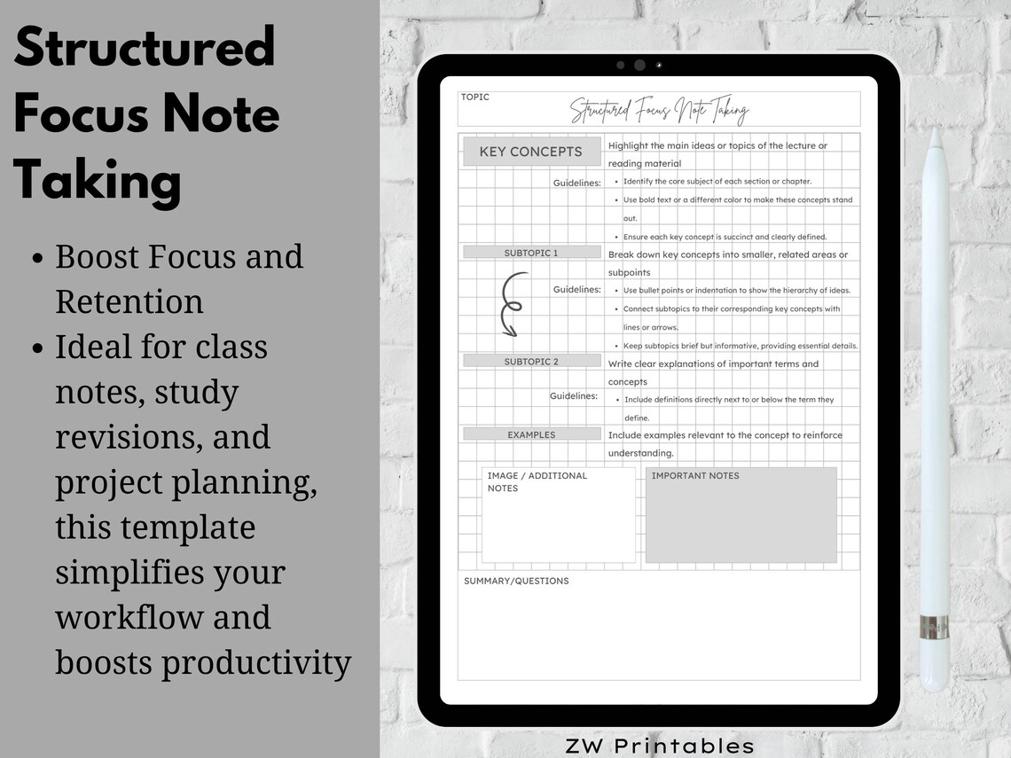 Structured Note Taking Template: A4 & US Letter (digital Download) - Etsy