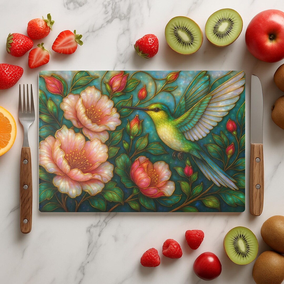 Hummingbird Garden Stained Glass Cutting Board Floral Art Kitchen Decor ...
