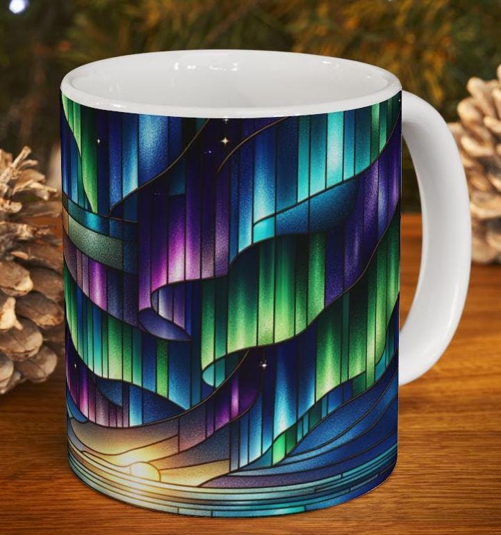 Stained Glass Lighthouse Mug - Aurora Borealis Northern Lights Design ...