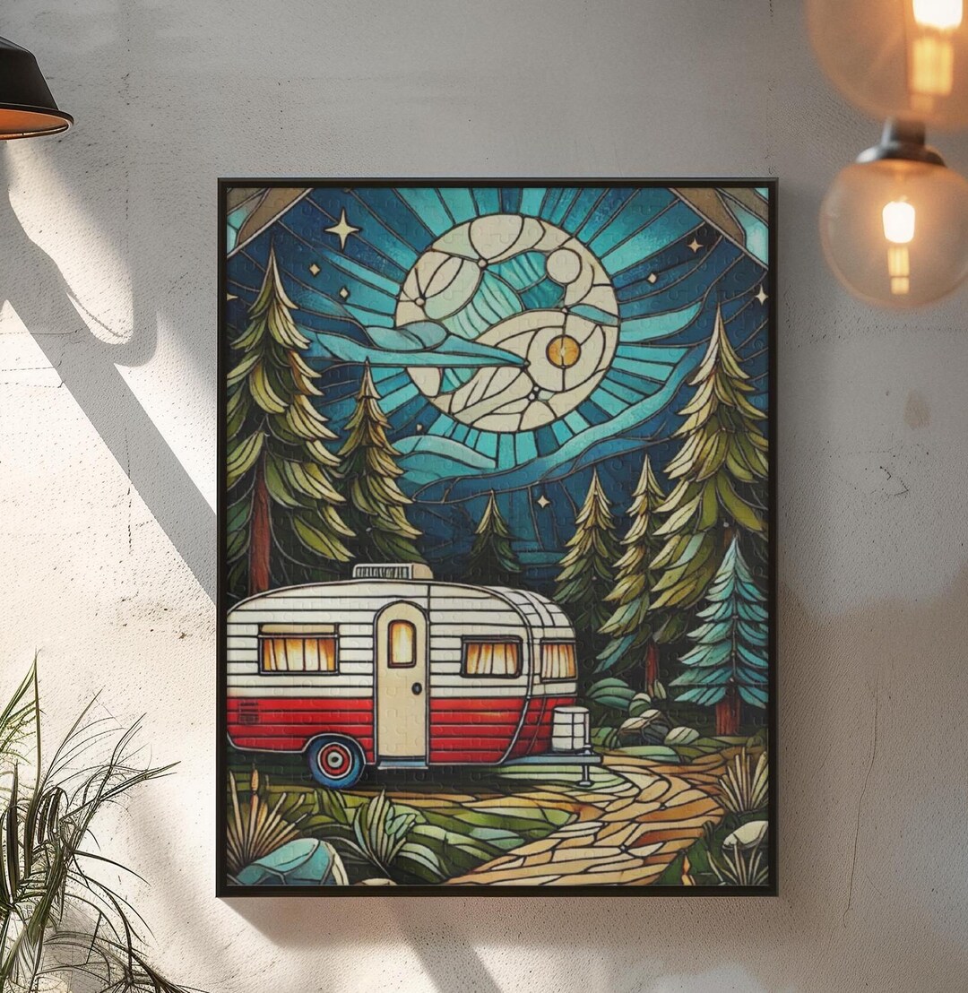 Camping Scene Jigsaw Puzzle Retro Camper Puzzle Stained Glass Camping ...