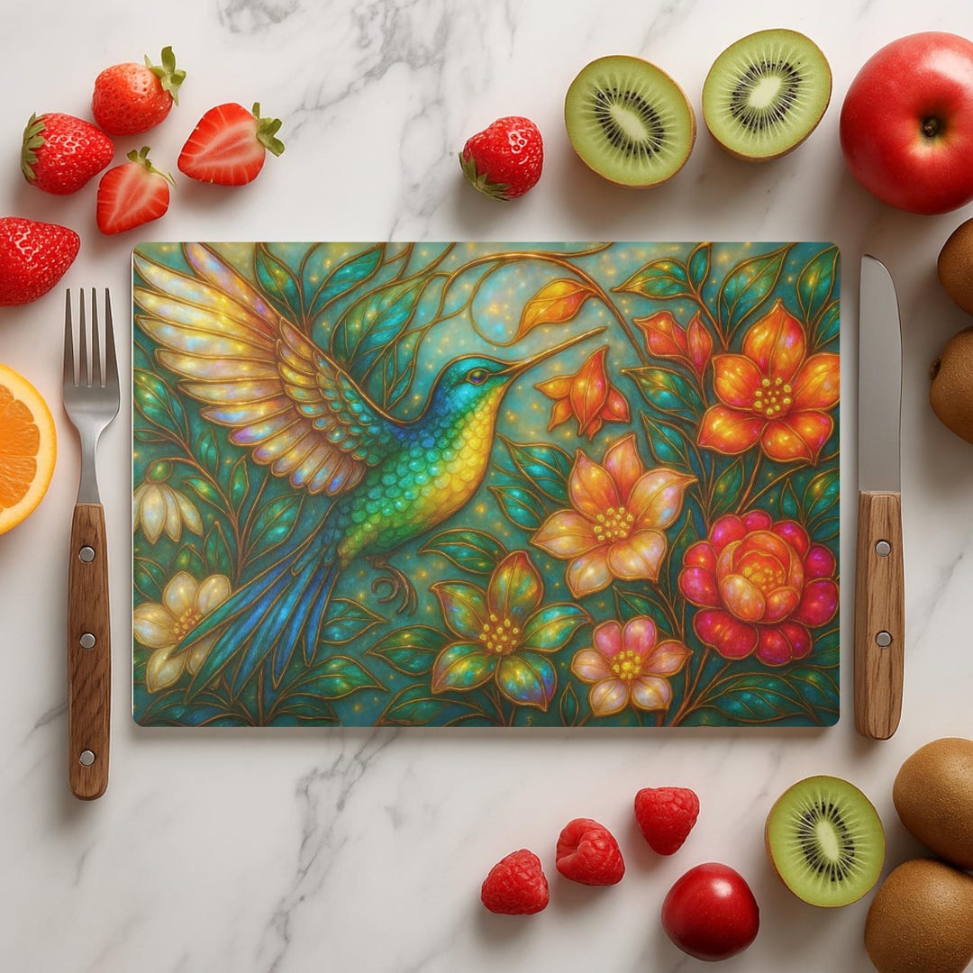 Hummingbird Garden Stained Glass Cutting Board Floral Art Kitchen Decor ...