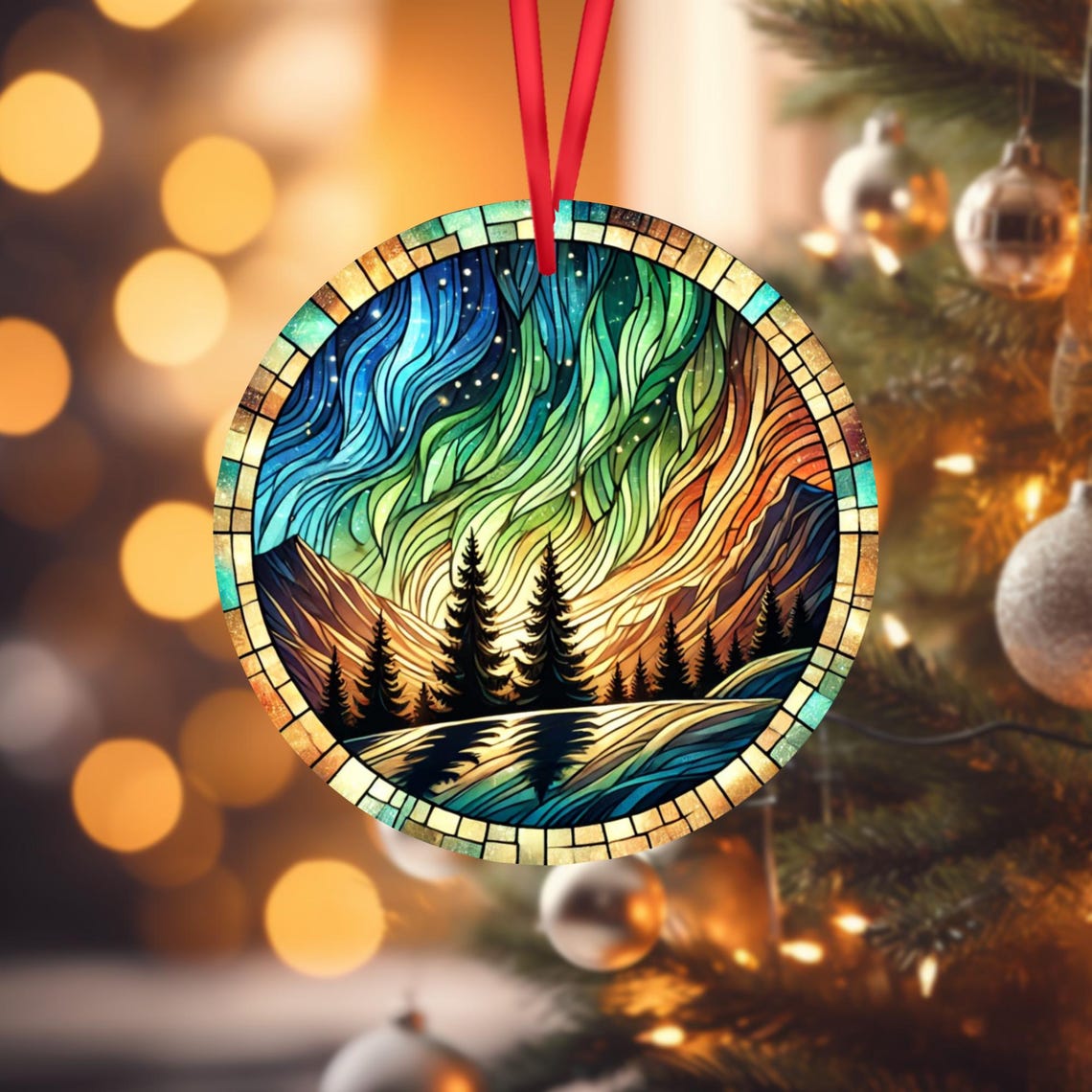 Northern Lights Ceramic Ornament: Stained Glass Style Aurora Borealis ...