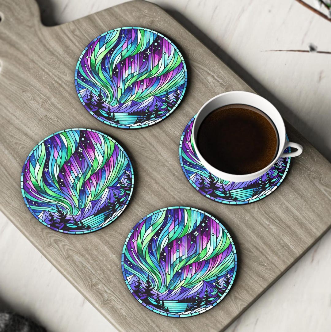 Northern Lights Coasters Stained Glass Style Backed Drink Coasters ...