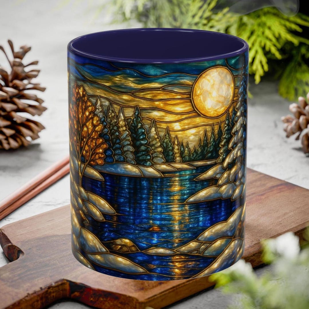 Stained Glass Winter Mug, Moonlit Lake Forest Coffee Cup - Etsy