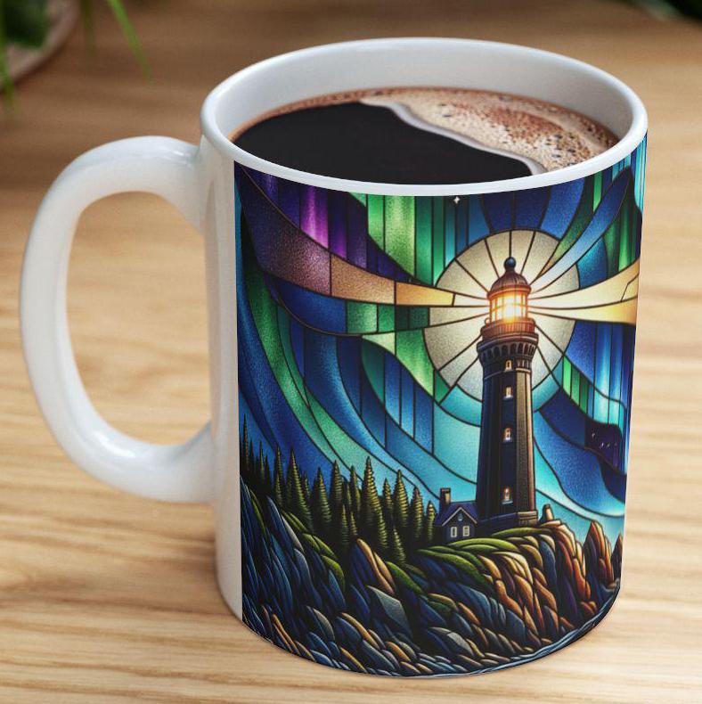 Stained Glass Lighthouse Mug - Aurora Borealis Northern Lights Design ...