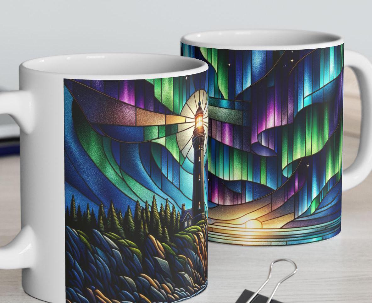 Stained Glass Lighthouse Mug - Aurora Borealis Northern Lights Design ...