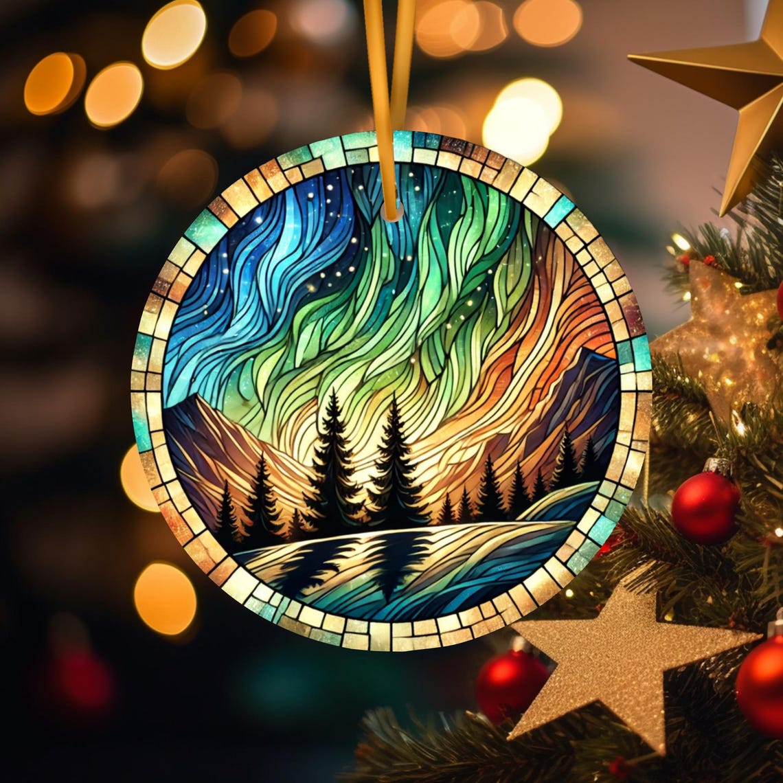 Northern Lights Ceramic Ornament: Stained Glass Style Aurora Borealis ...