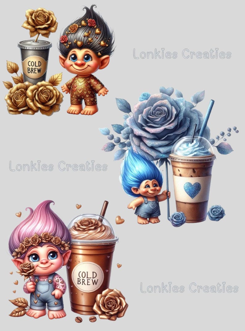Troll Iced Coffee Watercolor Clipart Bundle, Cute Trolls Cold Brew ...