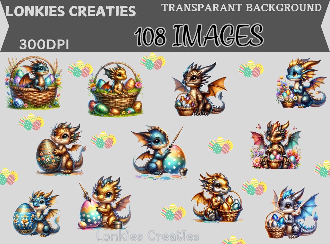 Easter Watercolor Dragon Clipart Bundle-300dpi Png-108cute Festive ...