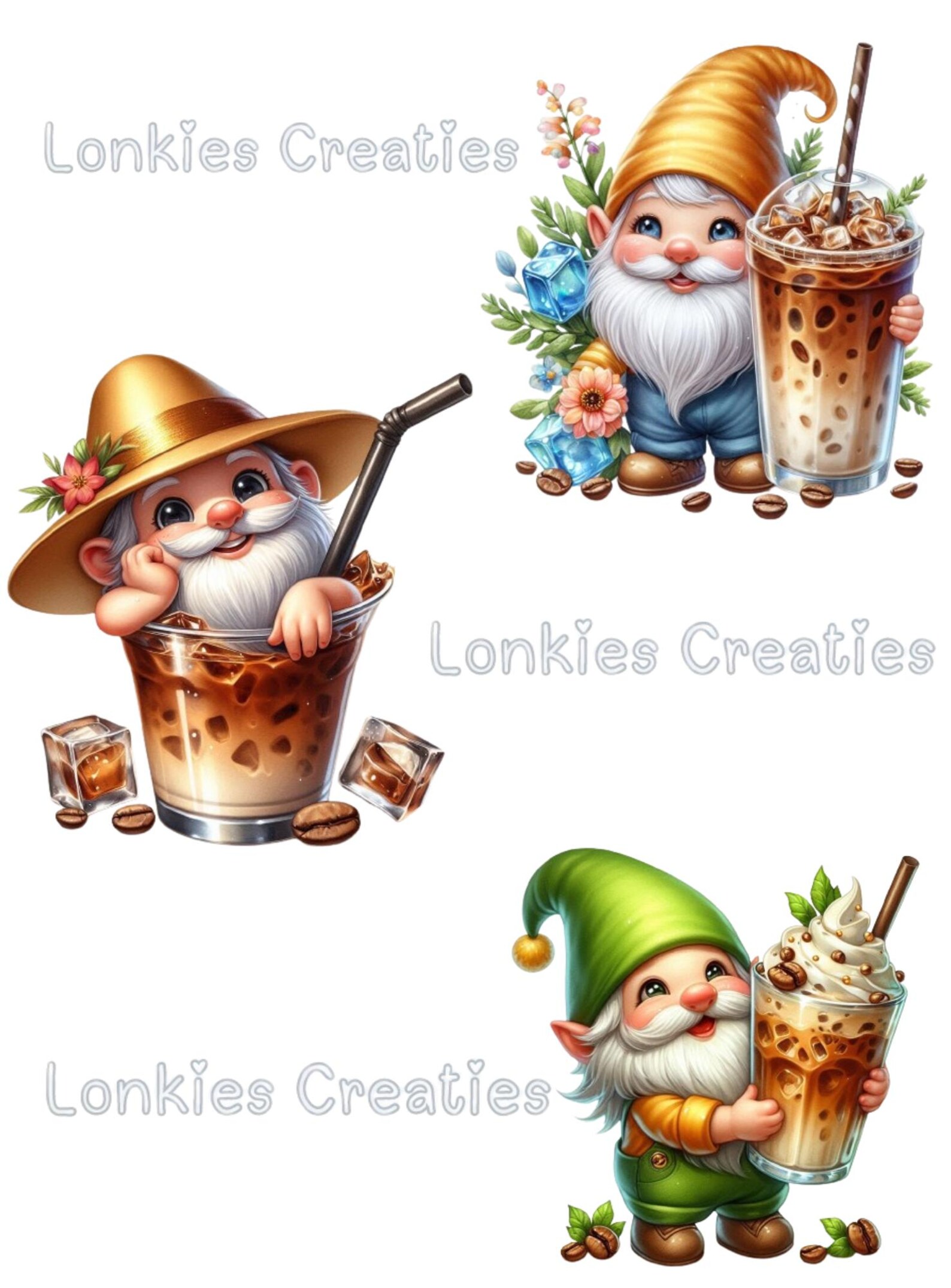 Iced Coffee Gnome Clipart Bundle-24png 300dpi,cute Gnome Watercolor ...