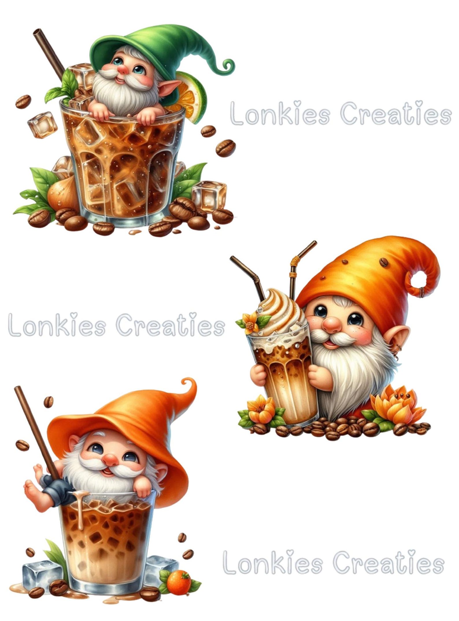 Iced Coffee Gnome Clipart Bundle-24png 300dpi,cute Gnome Watercolor ...