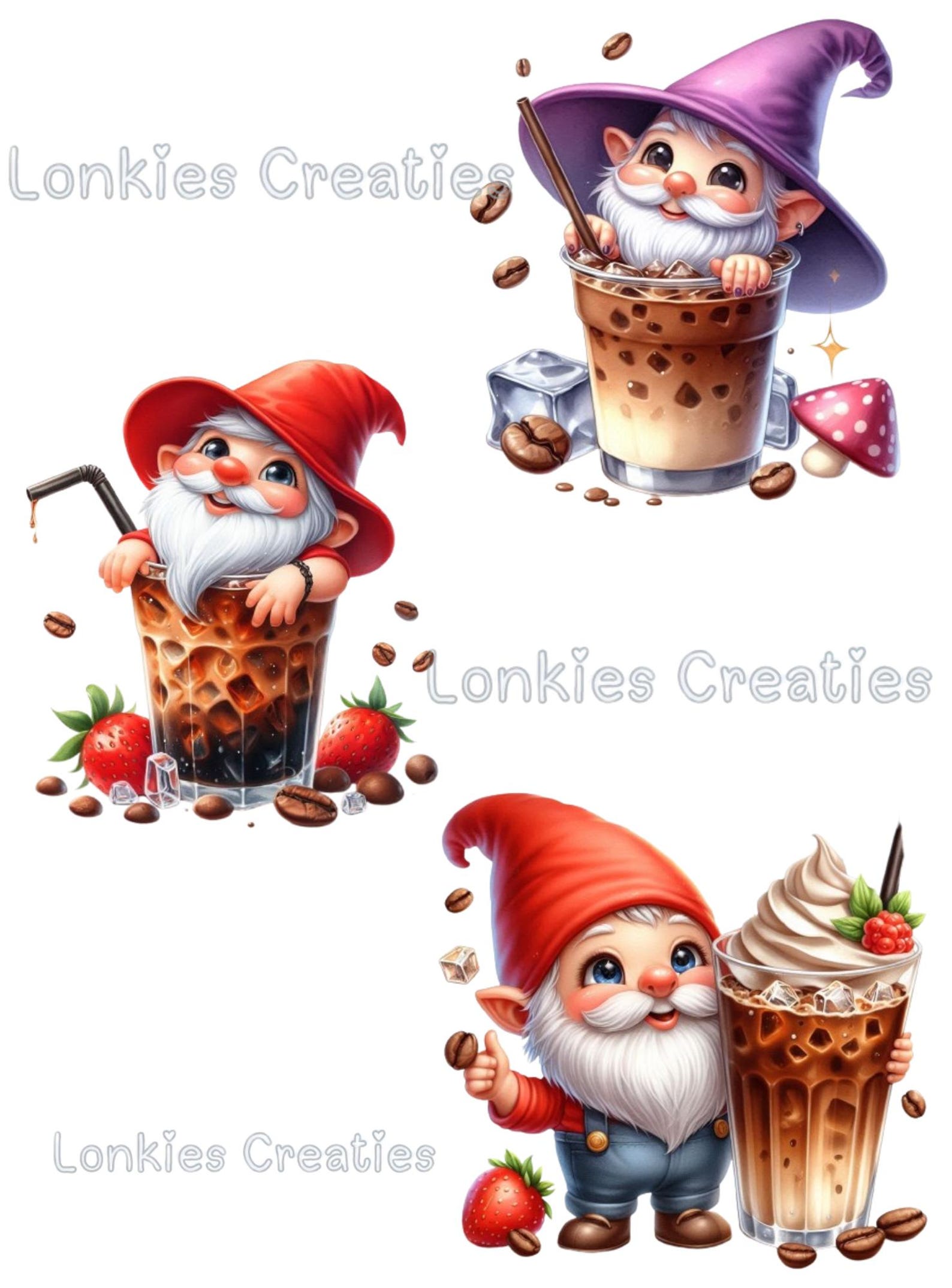 Iced Coffee Gnome Clipart Bundle-24png 300dpi,cute Gnome Watercolor ...