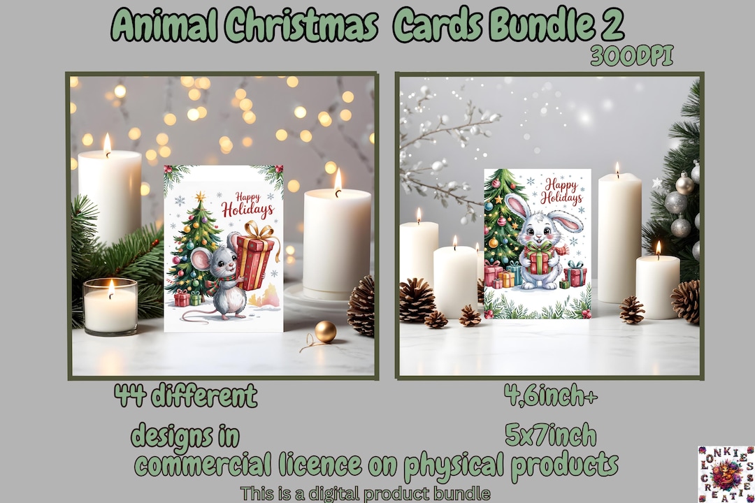Animal Christmas Cards Bundle,happy Holiday Greeting Card, Festive ...