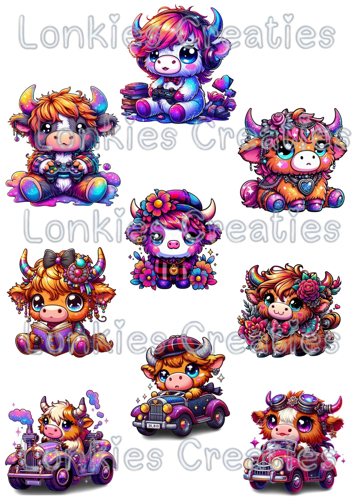 Highland Cow Themed Clipart Bundle,75x Cute Designs ,300 DPI High ...