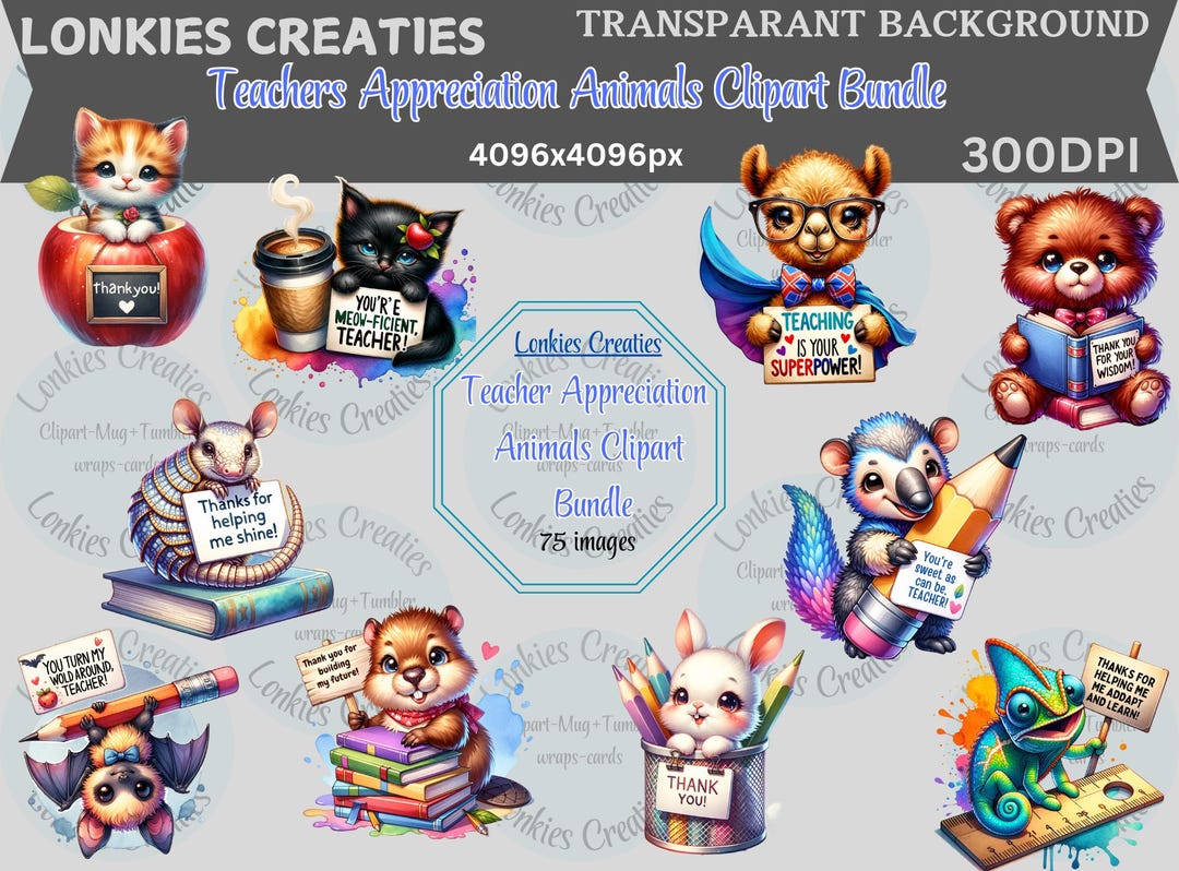 Teacher Appreciation Animal Sublimation Clipart Bundle-75 Cute ...